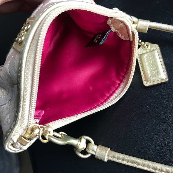 Coach | Bags | Coach Mini Wristlet C Logo Monogram Metallic Gold | Poshmark